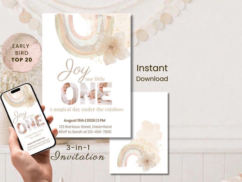 Boho Rainbow First Birthday Invitation Bundle, Editable Photo Frame ...
