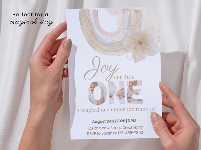 Boho Rainbow First Birthday Invitation Bundle, Editable Photo Frame ...