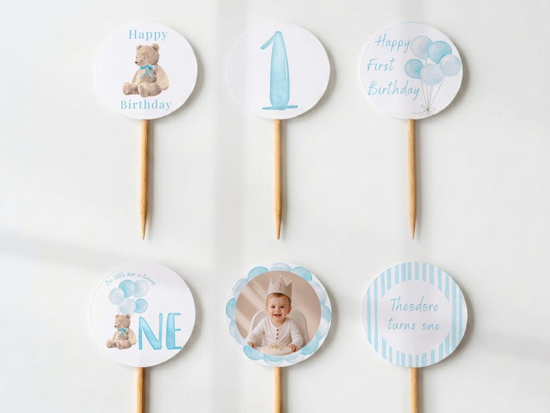 Blue Teddy Bear First Birthday Party Bundle, Watercolor Bear Theme ...