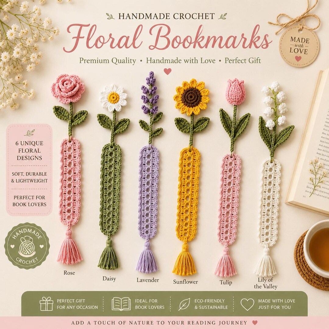 Handmade Crochet Floral Bookmark Set, 6 Flower Designs, Cotton Yarn ...