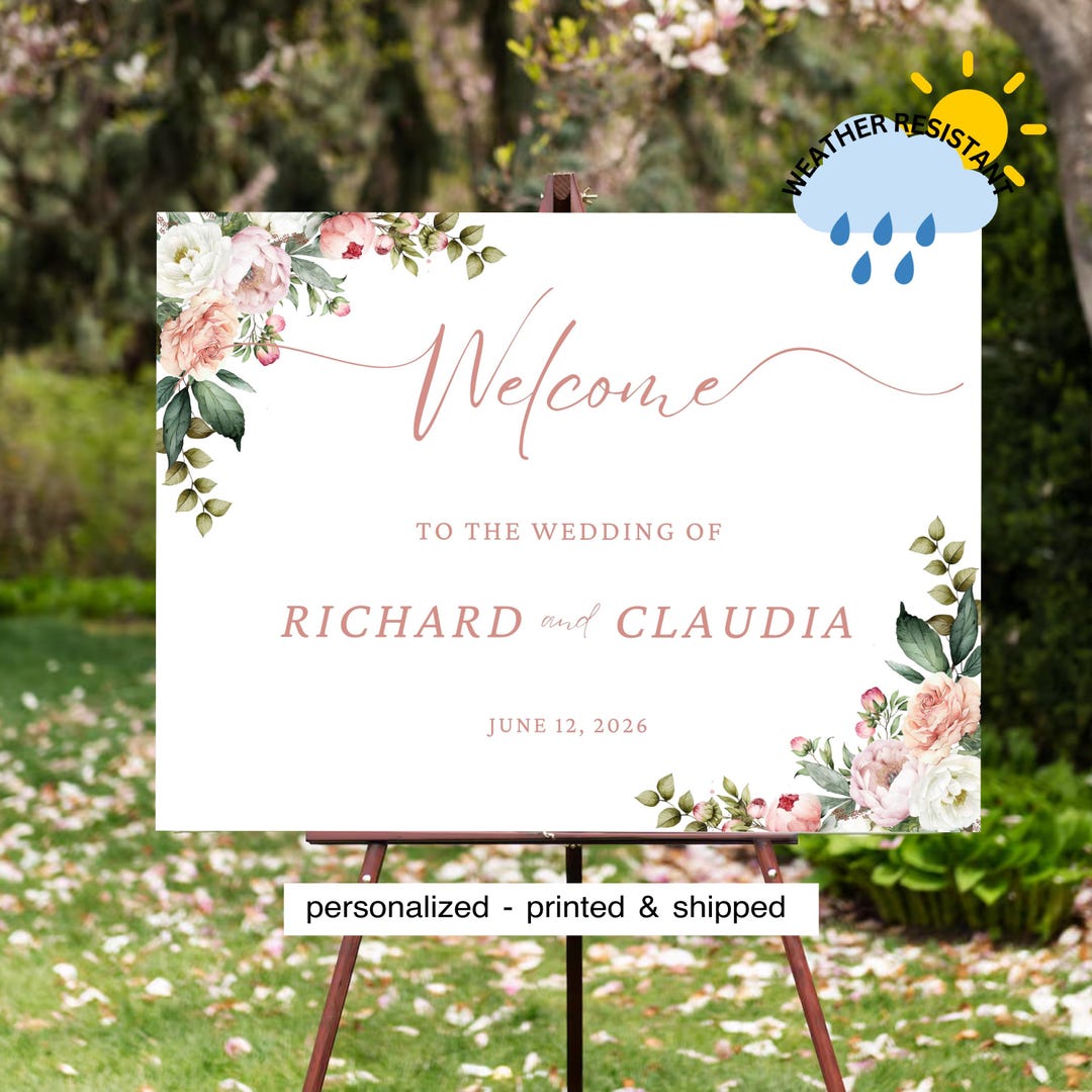 Pink Floral Wedding Welcome Sign: Misty Pink Roses, Personalized ...