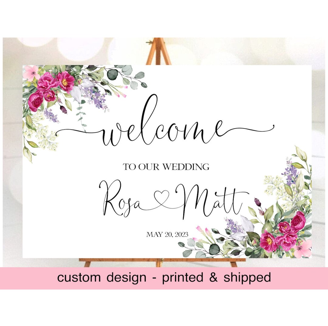 Wedding Welcome Sign, Pink, Purple Roses Flowers, Personalized Custom ...