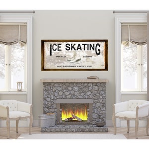 Ice Skating, Skate Sign, Winter Decor, Large Wood Canvas Signs, Vintage ...
