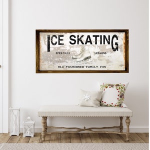 Ice Skating, Skate Sign, Winter Decor, Large Wood Canvas Signs, Vintage ...