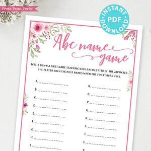 ABC Baby Shower Name Game Printable, Baby Shower Game Template, Pink ...