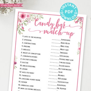 Candy Bar Match-up Baby Shower Game Printable, Pink Flower Baby Shower ...