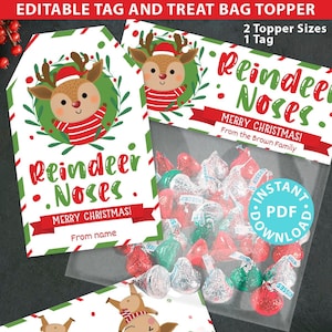 Reindeer Noses Christmas Treat Bag Toppers and Tag Editable - Etsy