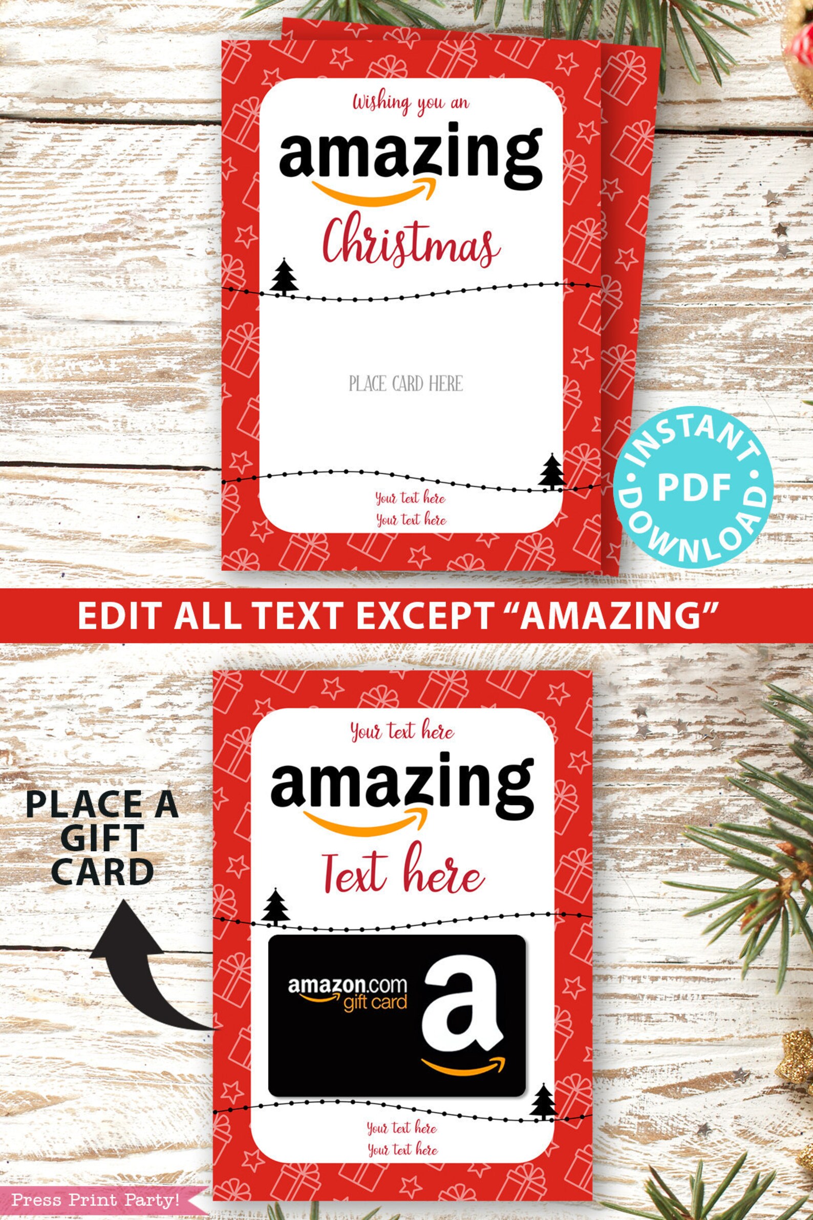 EDITABLE Amazon Gift Card Holder Christmas Printable Template, 5"x7 ...