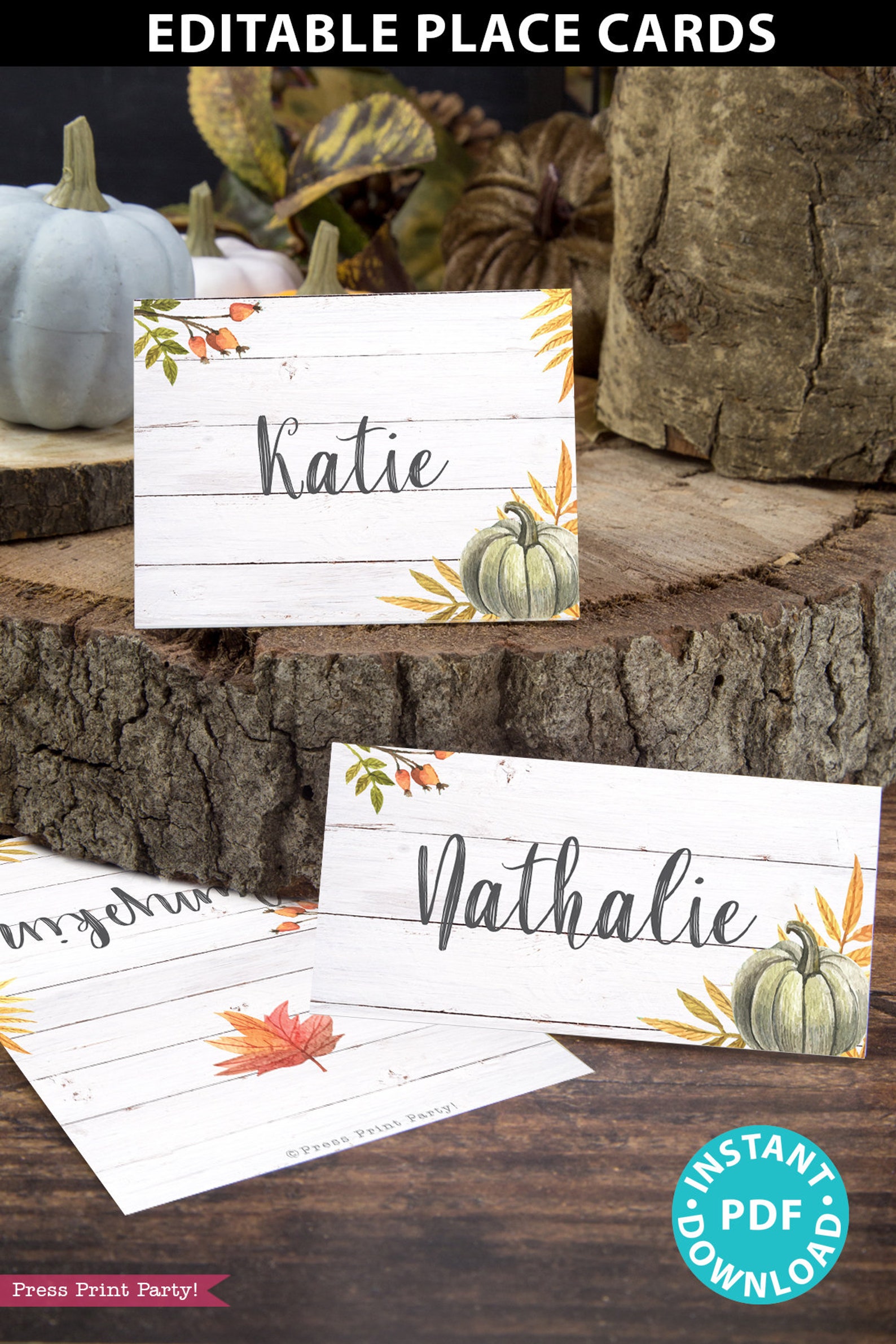 Thanksgiving Place Cards Printable Green Fall Pumpkin Place Card ...