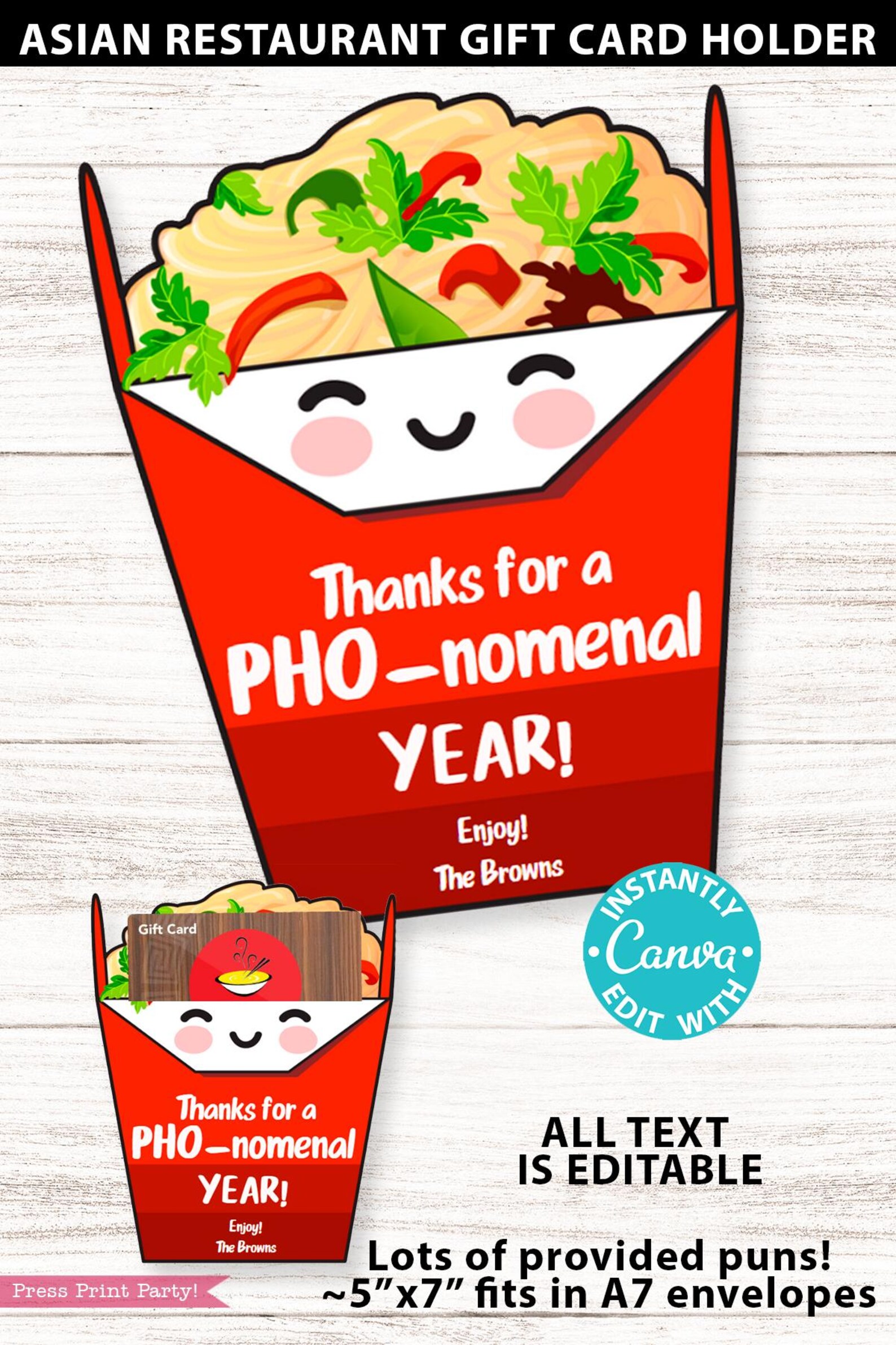Asian Restaurant Appreciation Gift Card Holder Printable Editable Funny ...
