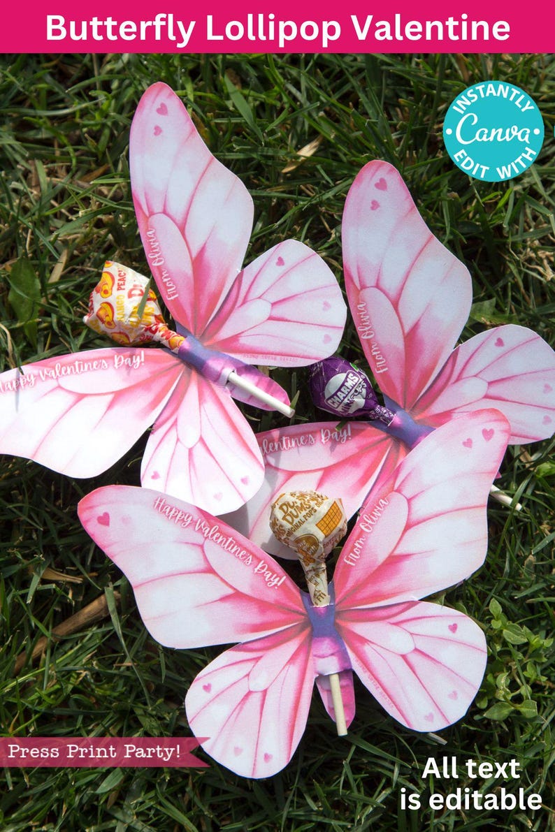 Butterfly Valentine Printable Card Classroom Exchange Lollipop Holder ...