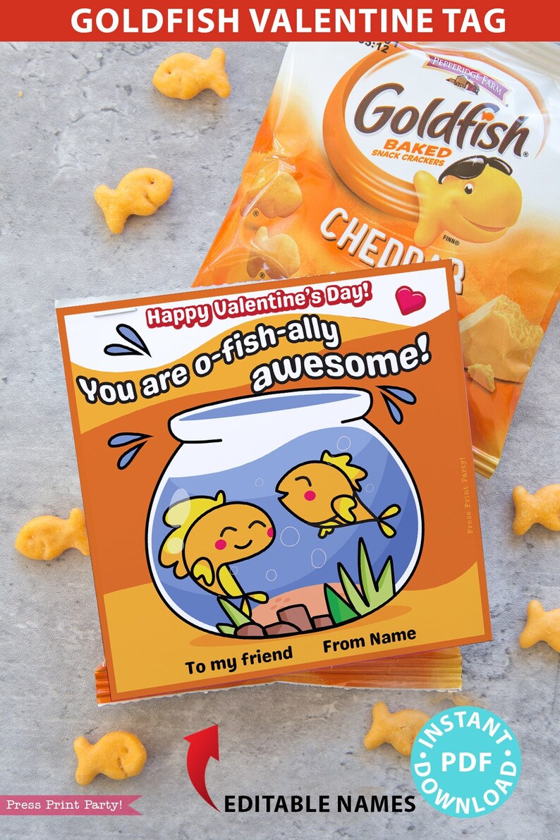 Goldfish Valentine Printable Tag Kids Valentine's Day Card EDITABLE ...