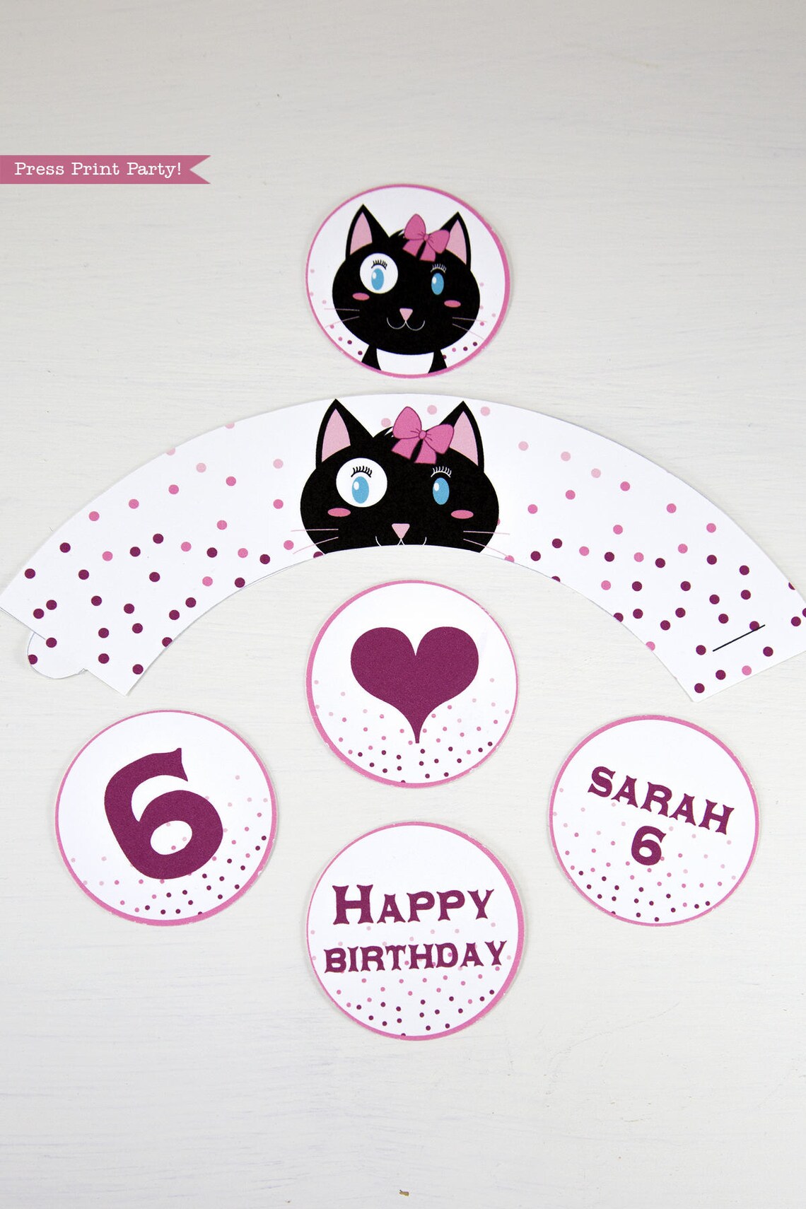 Cat Party Cupcake Toppers and Wrapper Printable, Cat Cupcake Wrapper ...