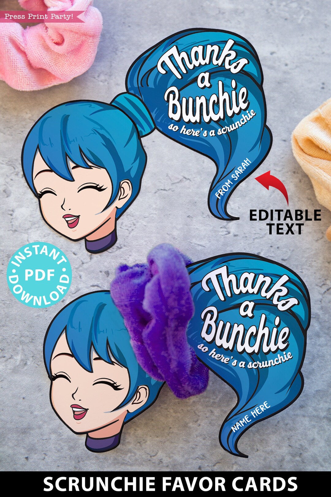 Scrunchie Holder Tag Printable, Blue Hair Girl, Thanks a Bunchie Here's ...