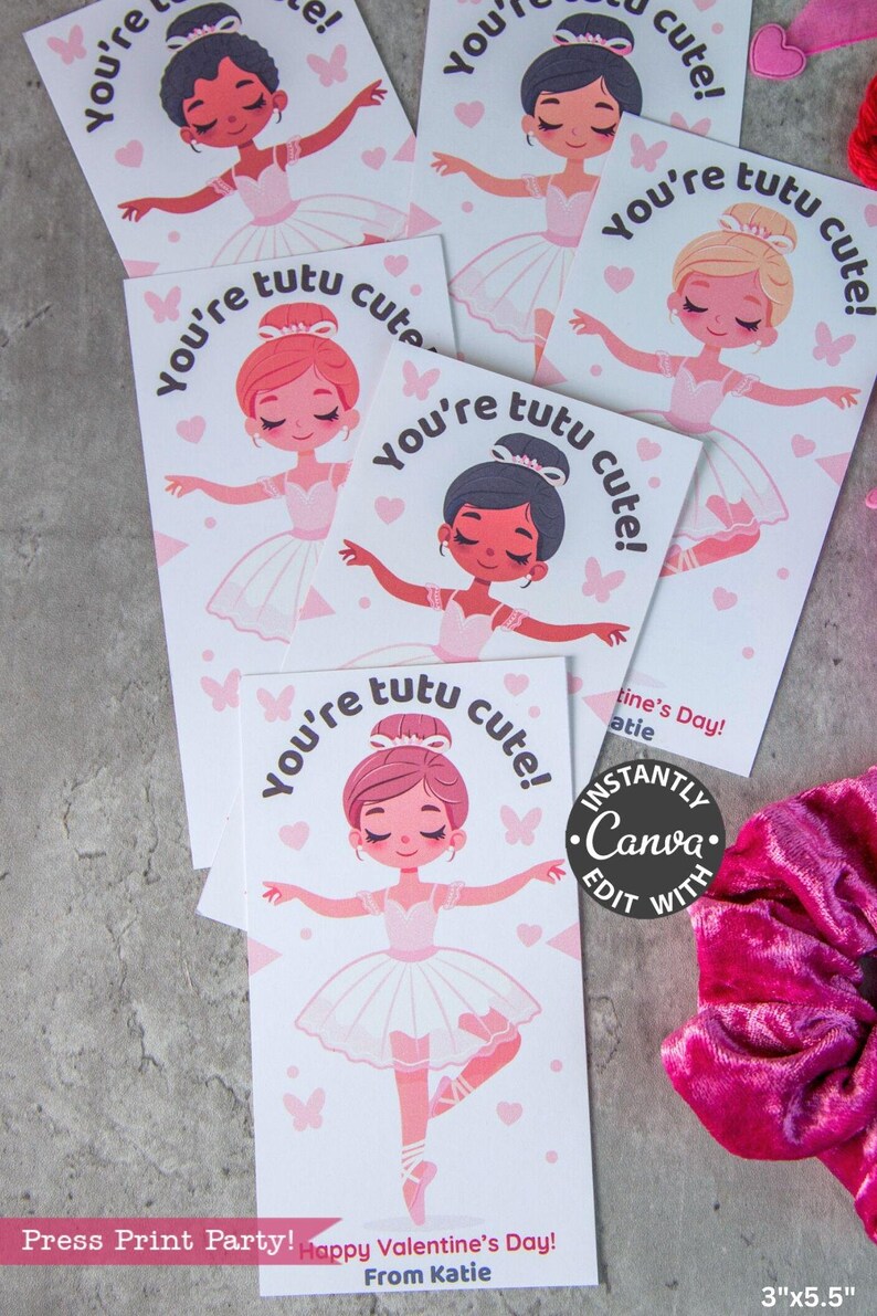 Tutu Ballerina Valentine Cards Printable, Editable Hair Scrunchie Gift ...