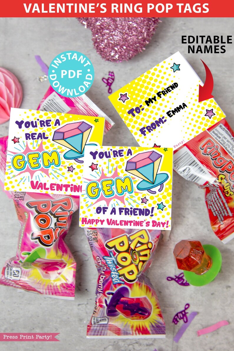 Ring Pop Valentine Cards Printable, Kids Valentines Cards, You're a Gem ...