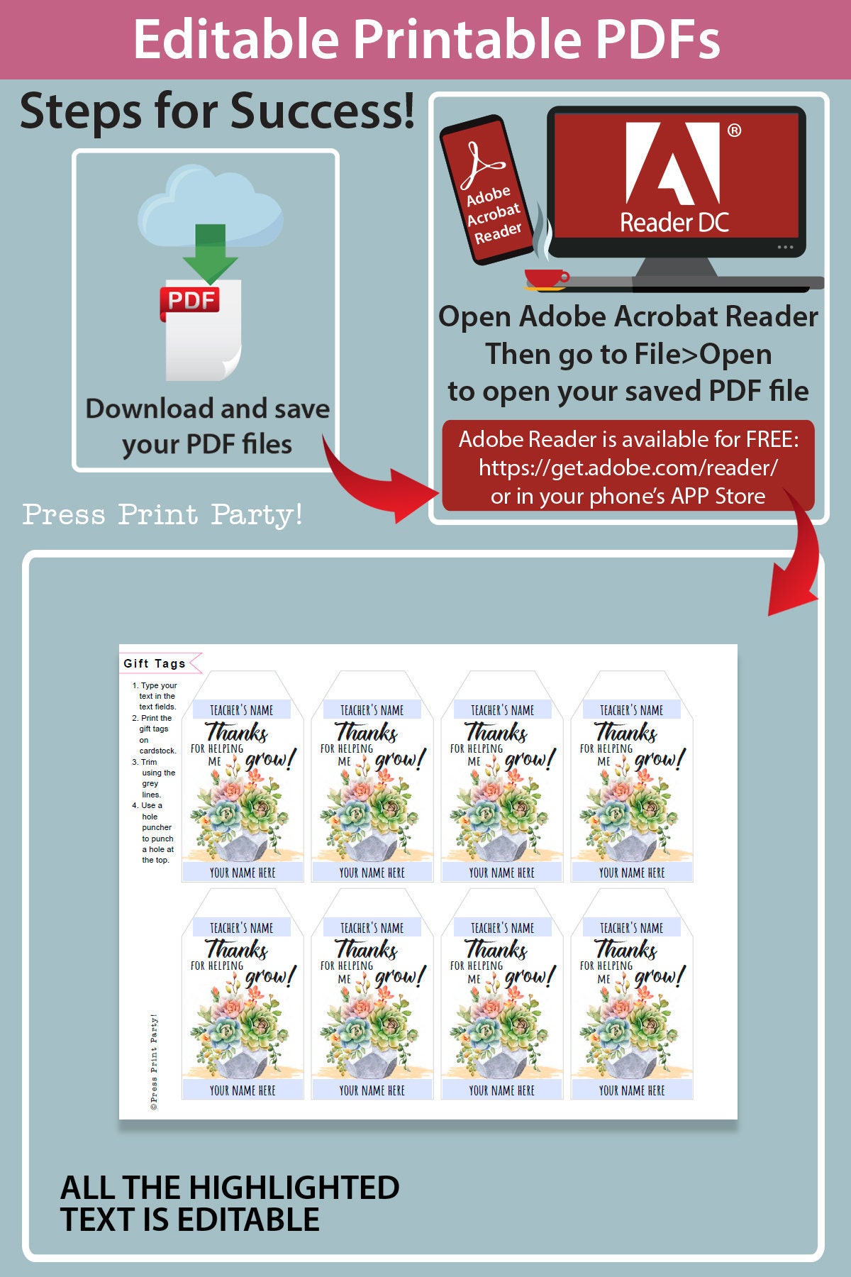 EDITABLE Teacher Appreciation Gift Tags Printable, Teacher Thank You ...