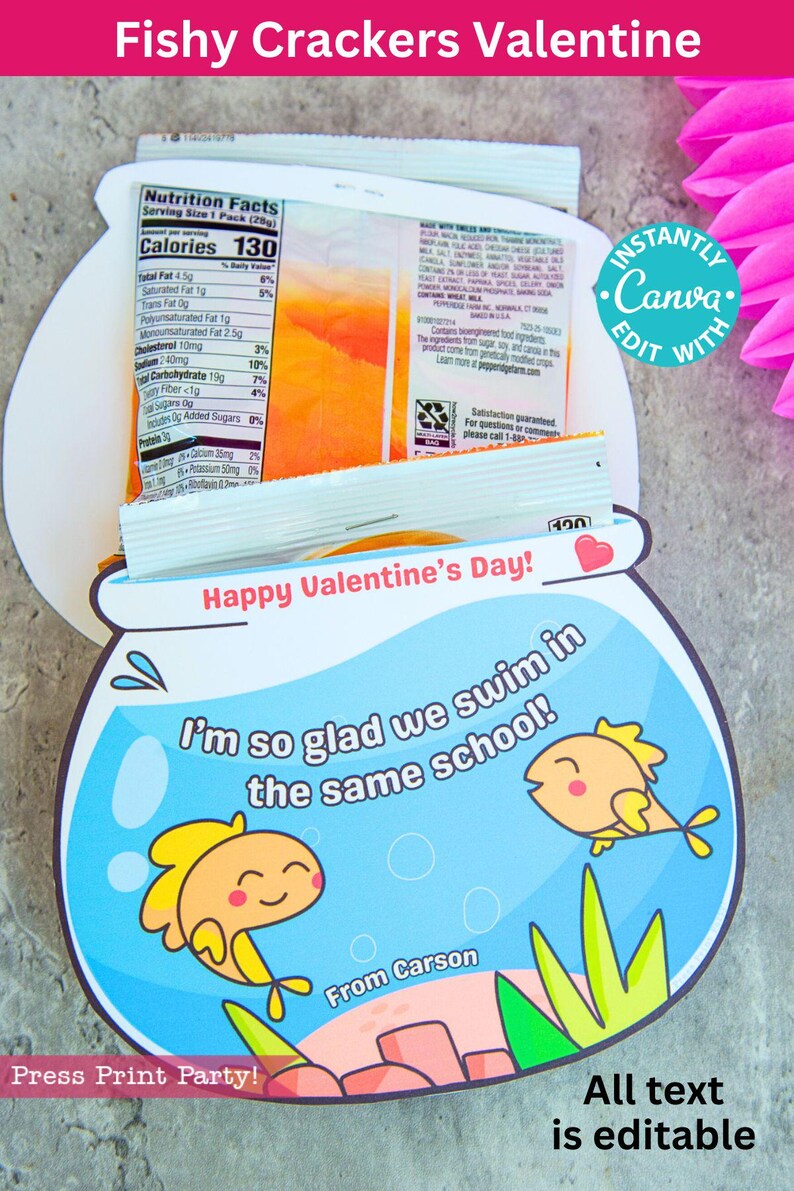 Goldfish Valentine Card Printable Fishy Crackers Personalized Classroom ...