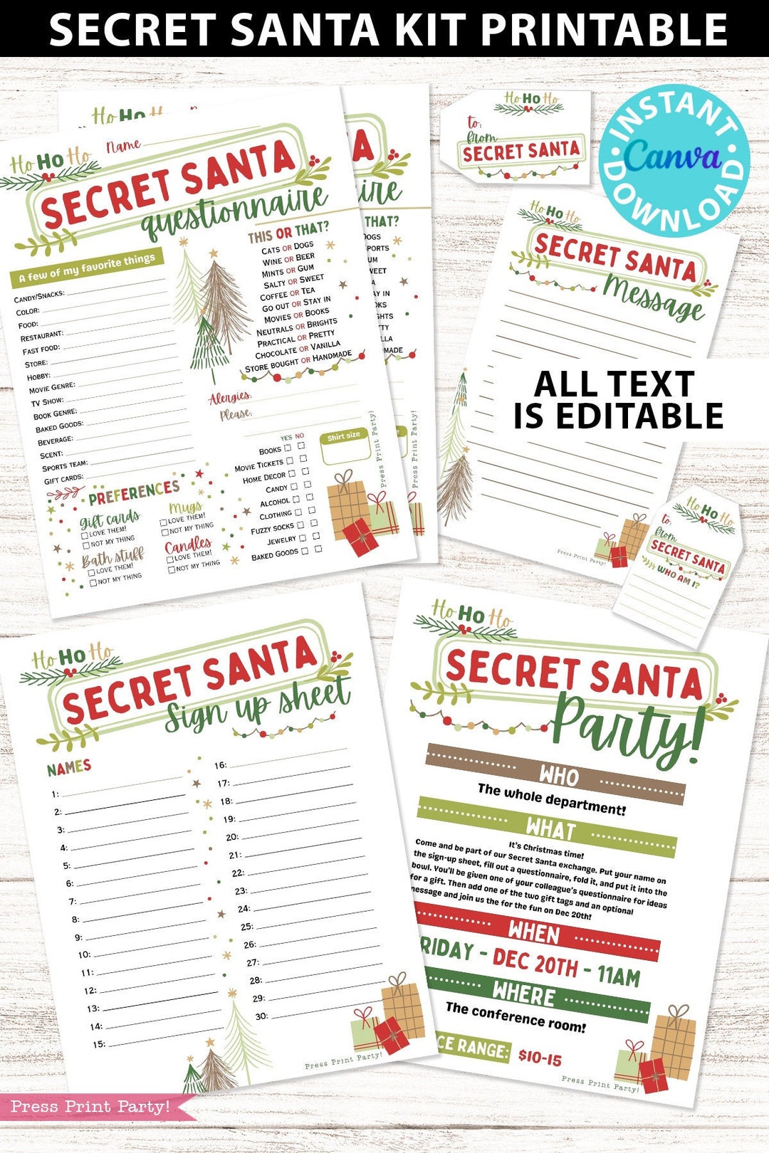 Secret Santa Questionnaire Printable Template Kit for Coworkers ...