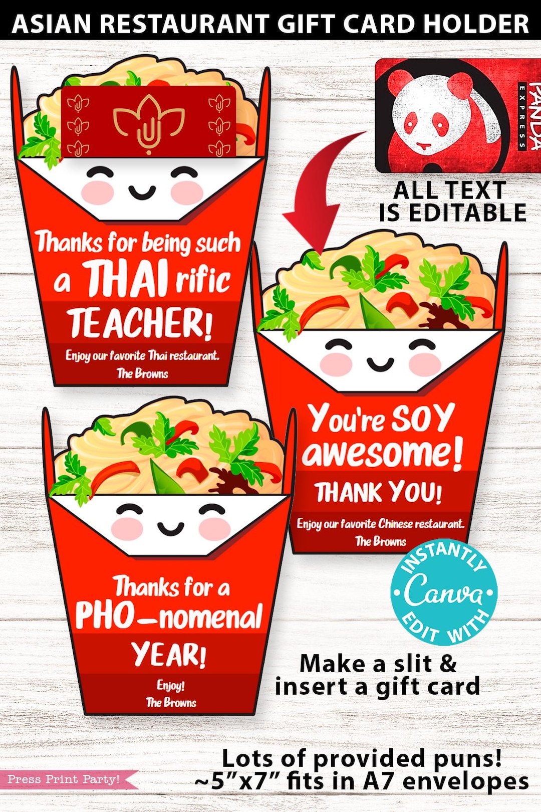 Asian Restaurant Appreciation Gift Card Holder Printable Editable Funny ...