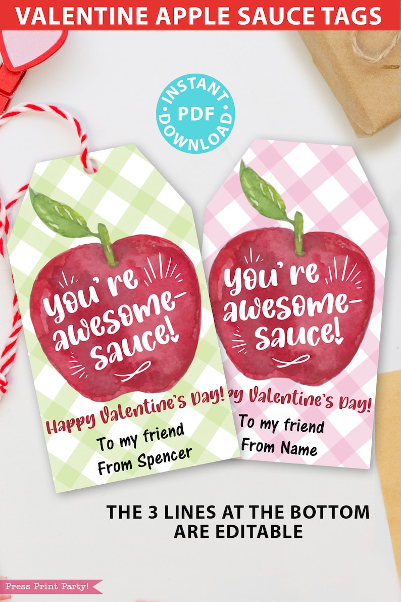 Applesauce Valentine Tag for Kids Printable for Apple Sauce - Etsy