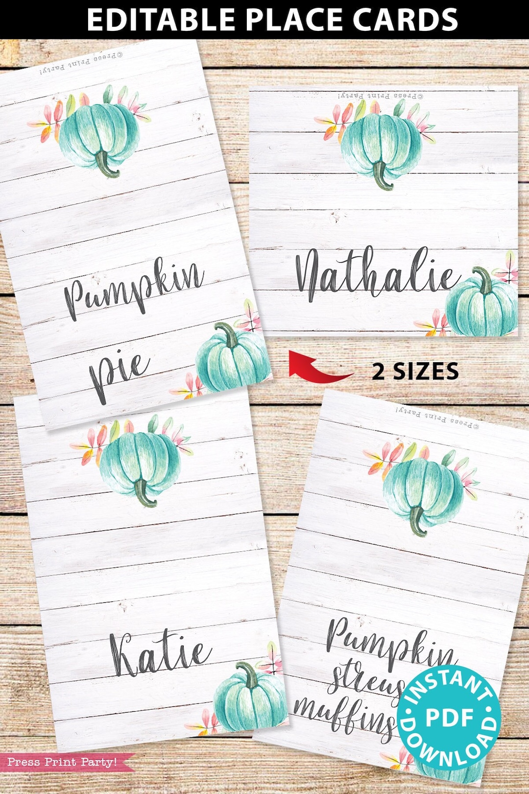 Thanksgiving Place Cards Printable Teal Fall Pumpkin Place - Etsy