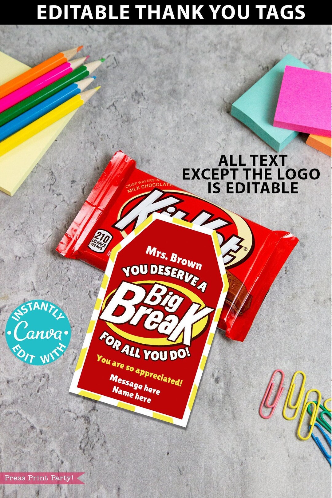 Kitkat Thank You Gift Tag Printable Teacher Appreciation Week Nurse ...