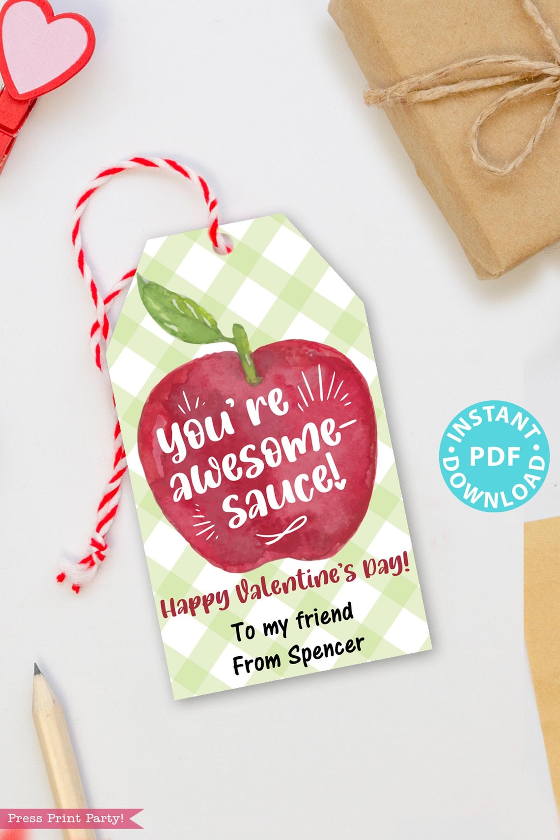 Applesauce Valentine Tag for Kids Printable for Apple Sauce | Etsy