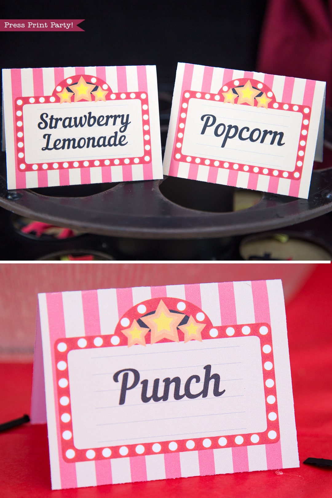 Movie Night Food Labels Printables, Movie Night Place Cards. Marquee ...