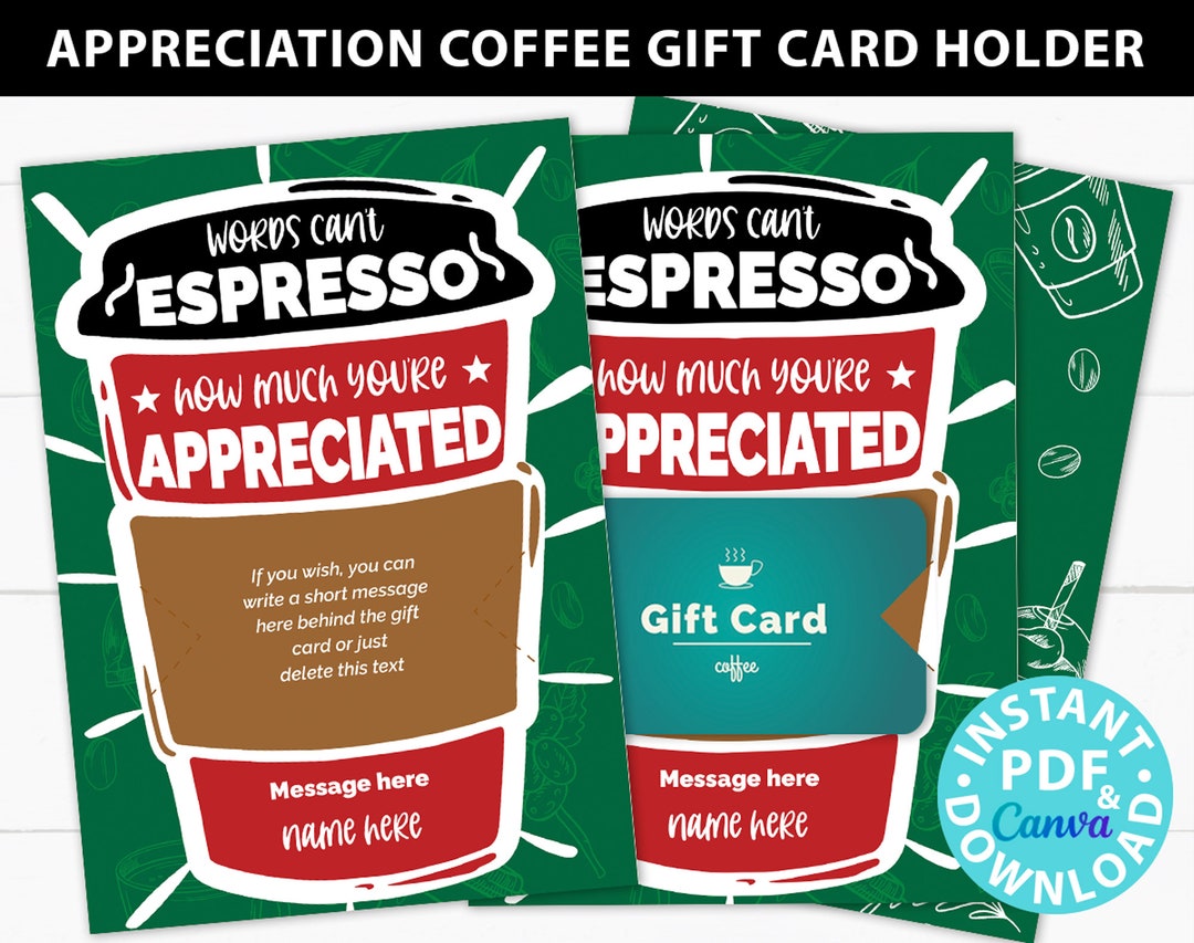 Employee Appreciation Coffee Gift Card Holder Printable Template, 5x7 ...