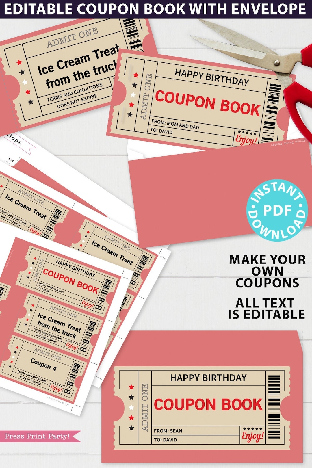 Printable Coupon Book Template, Tickets, Custom Birthday Coupons Book ...