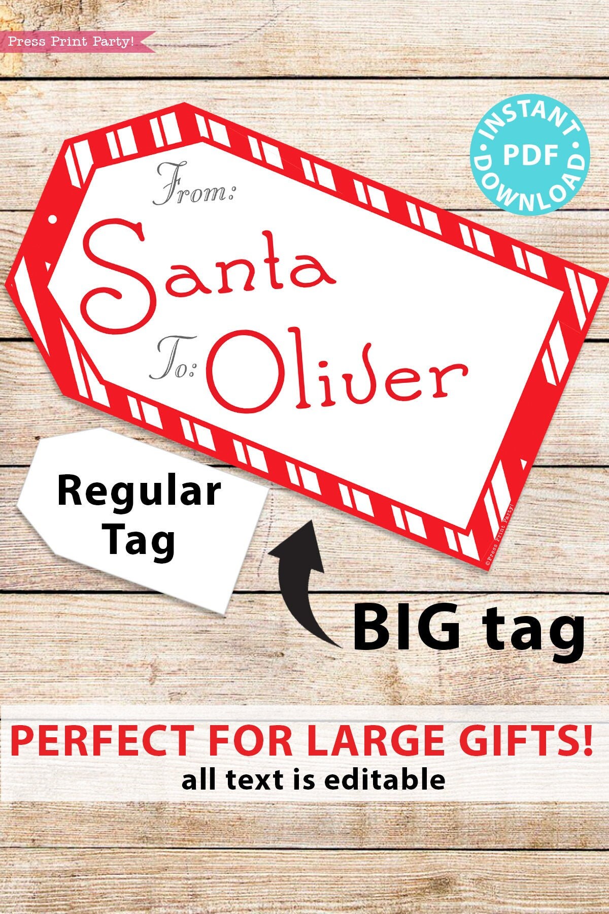 BIG Christmas Gift Tag From Santa Red Stripe Editable Printable ...