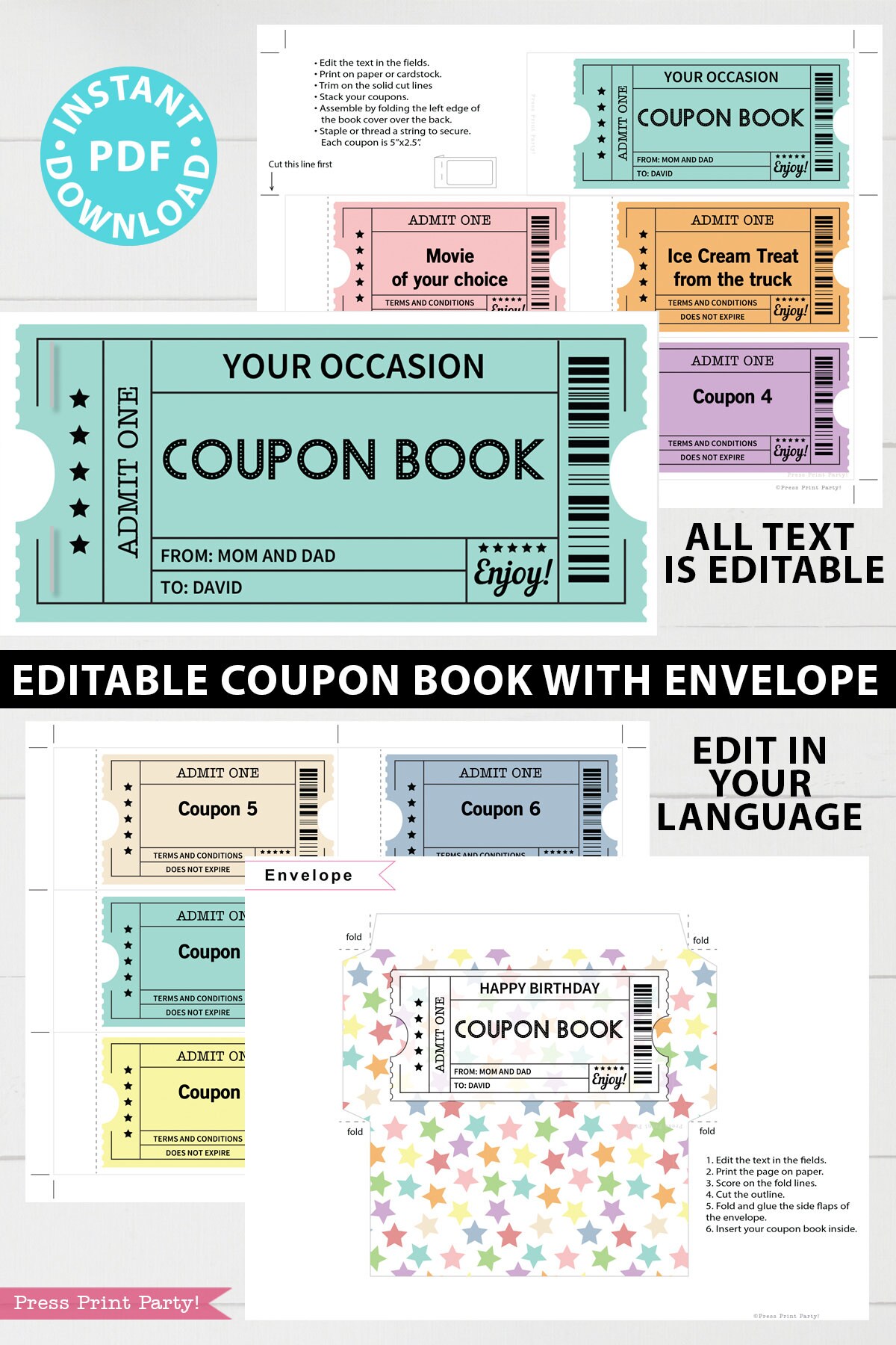 EDITABLE Coupon Book Template Multi Color Tickets Printable - Etsy