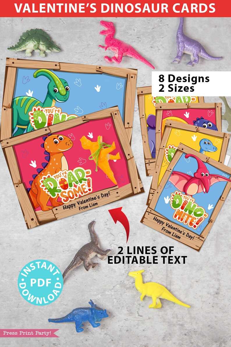 Dinosaur Valentine Card Printable Kid Valentine's Day Tag Classroom ...