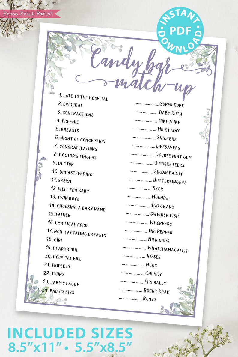 Candy Bar Match-up Baby Shower Game Printable Greenery & - Etsy
