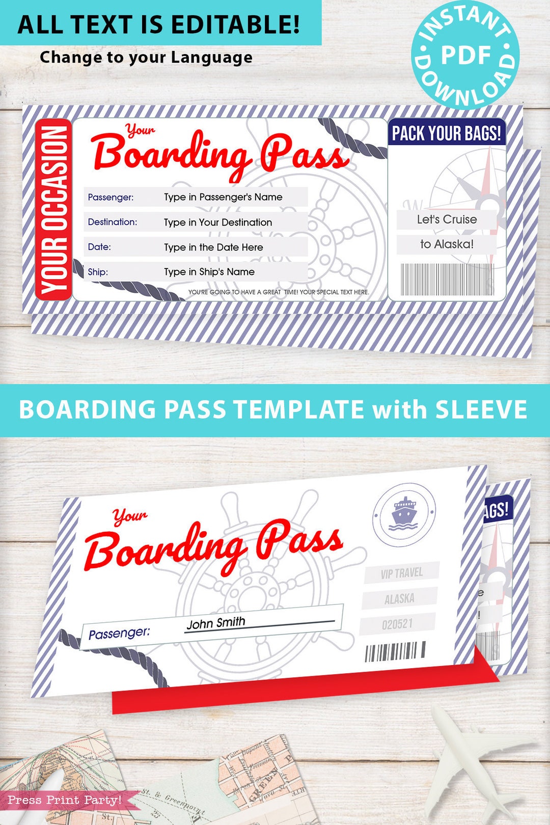 Cruise Boarding Pass Template W. Holder Editable Text Printable ...