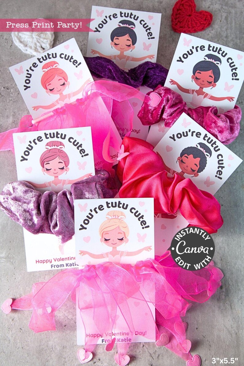 Tutu Ballerina Valentine Cards Printable, Editable Hair Scrunchie Gift ...