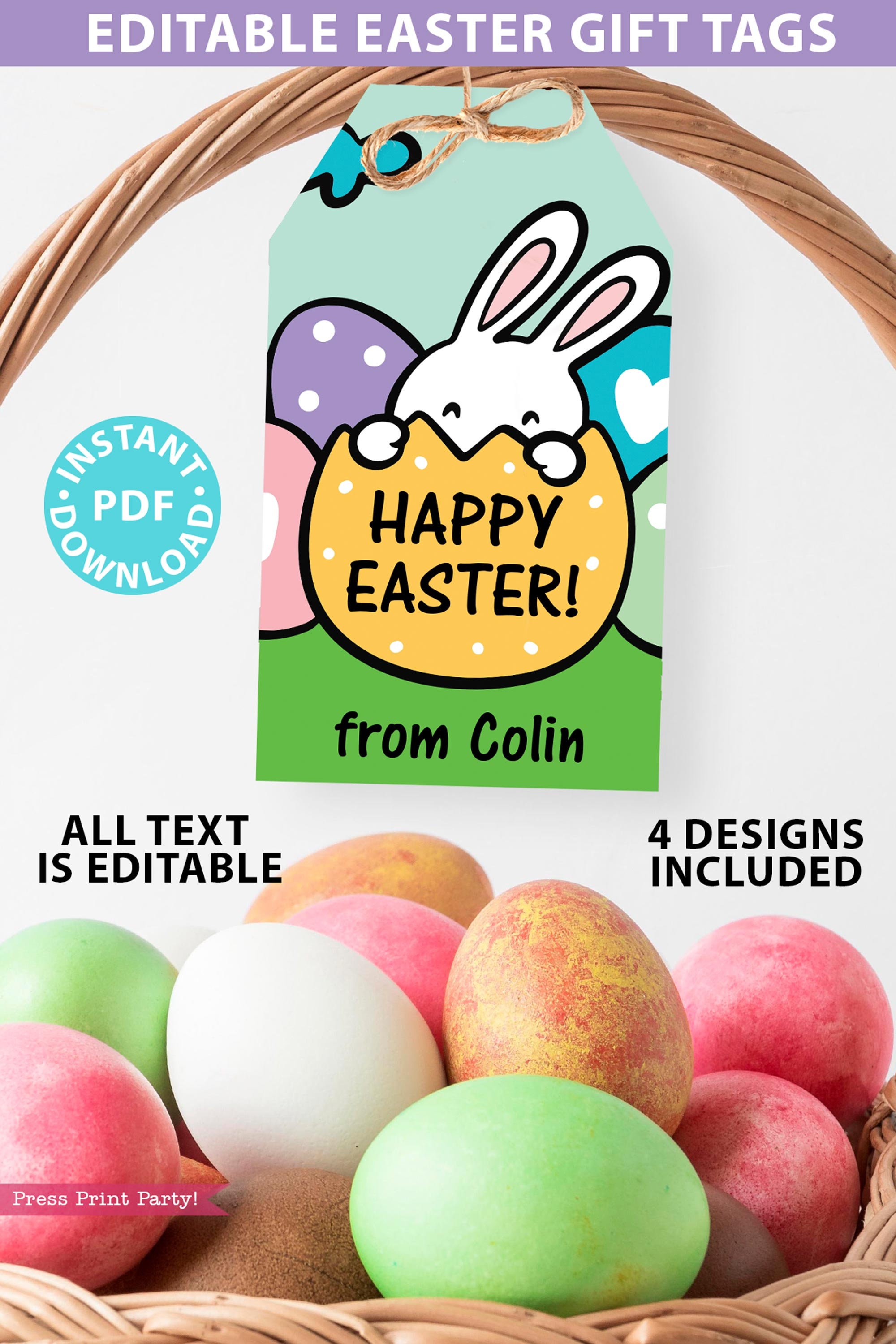 EDITABLE Easter Gift Tags Printable for Kids, Easter Basket Tag, Happy ...