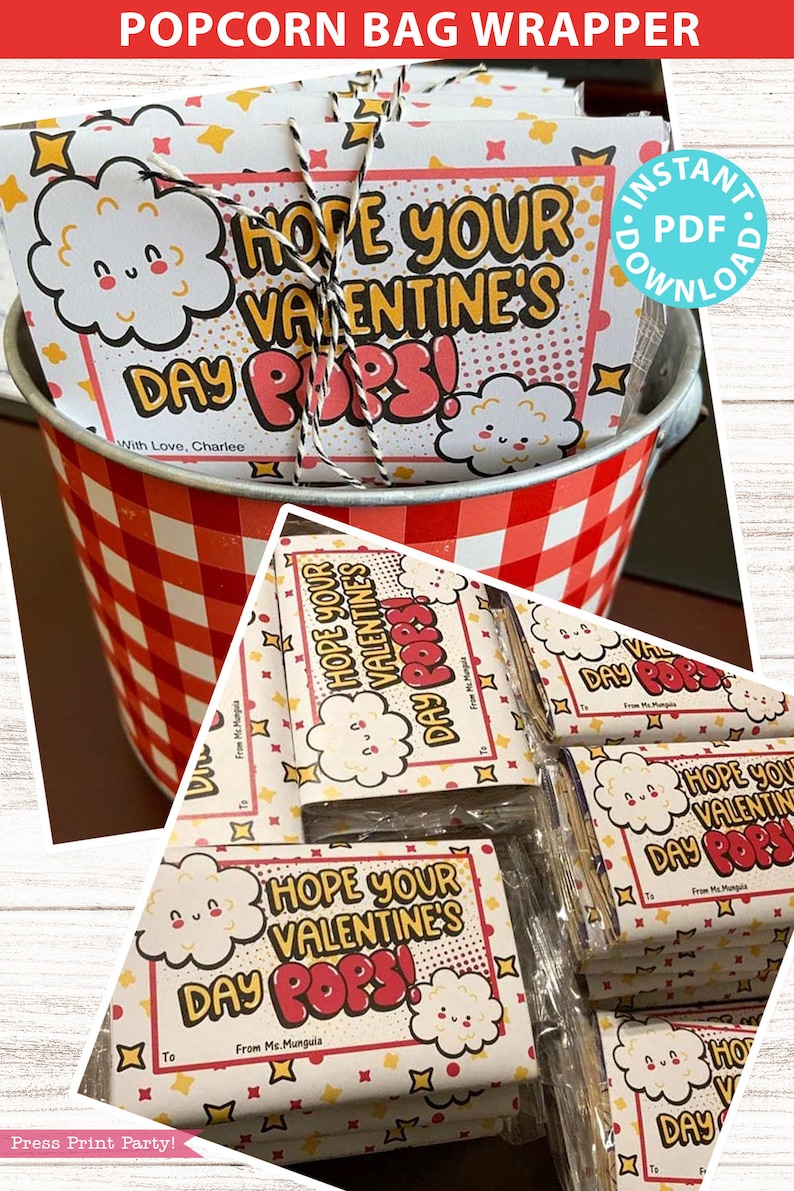 Valentine Popcorn Wrap Printable Personalized Popcorn Bags Kids ...