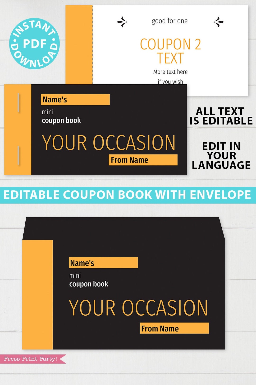 Printable Coupon Book Template Orange, Any Occasion Gift Idea, Editable ...