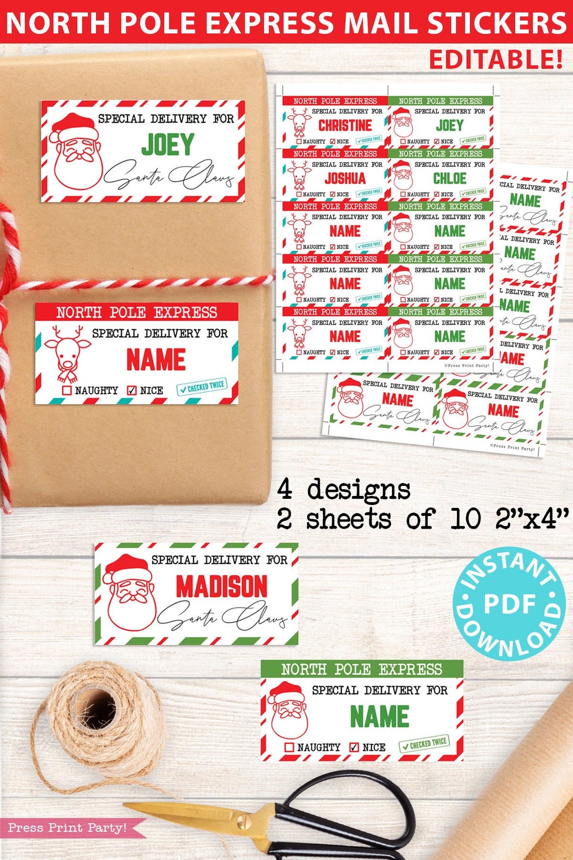 EDITABLE Christmas Name Tags Stickers Template Printable | Etsy