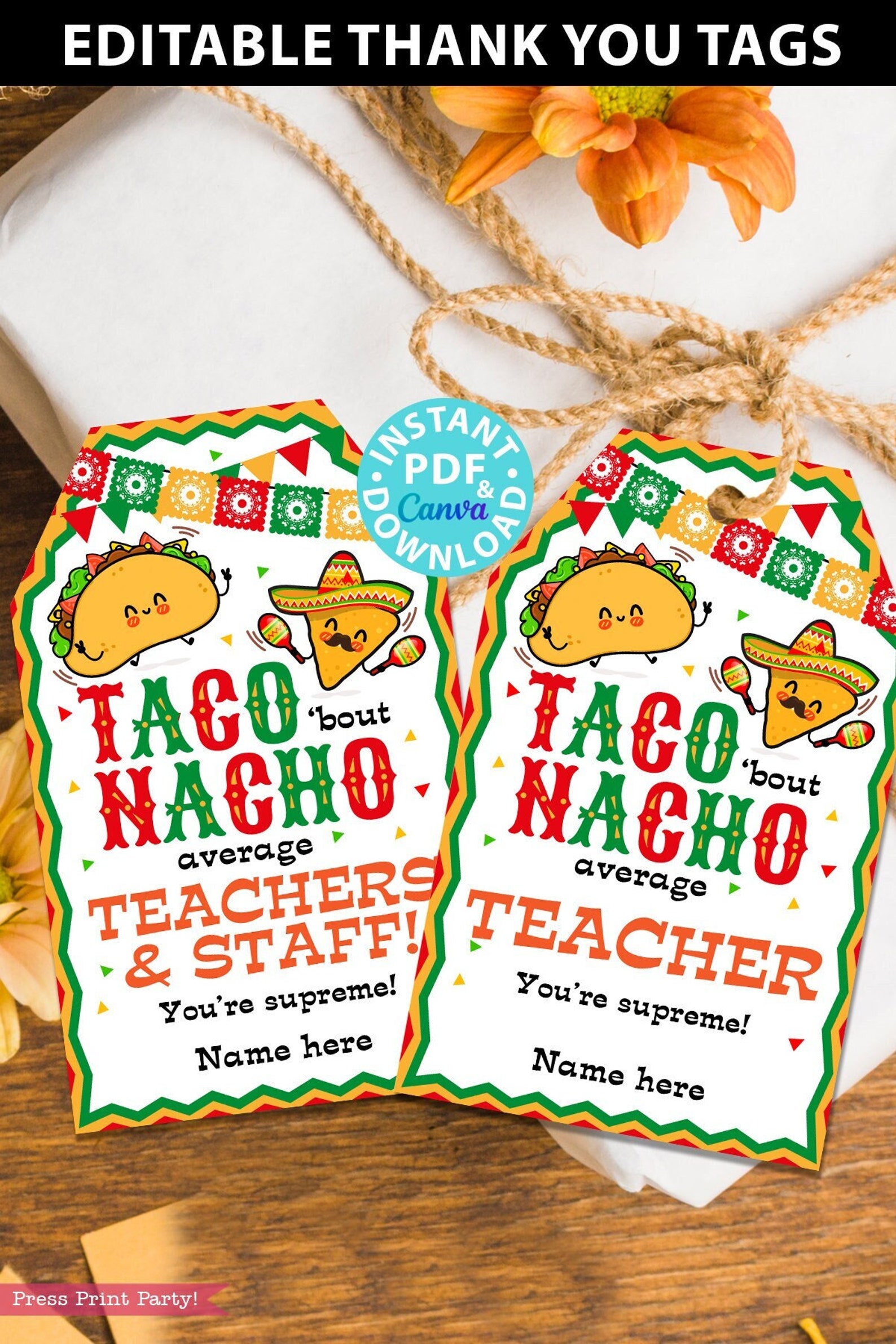 Teacher Appreciation Gift Tag Printable Taco 'bout Nacho - Etsy