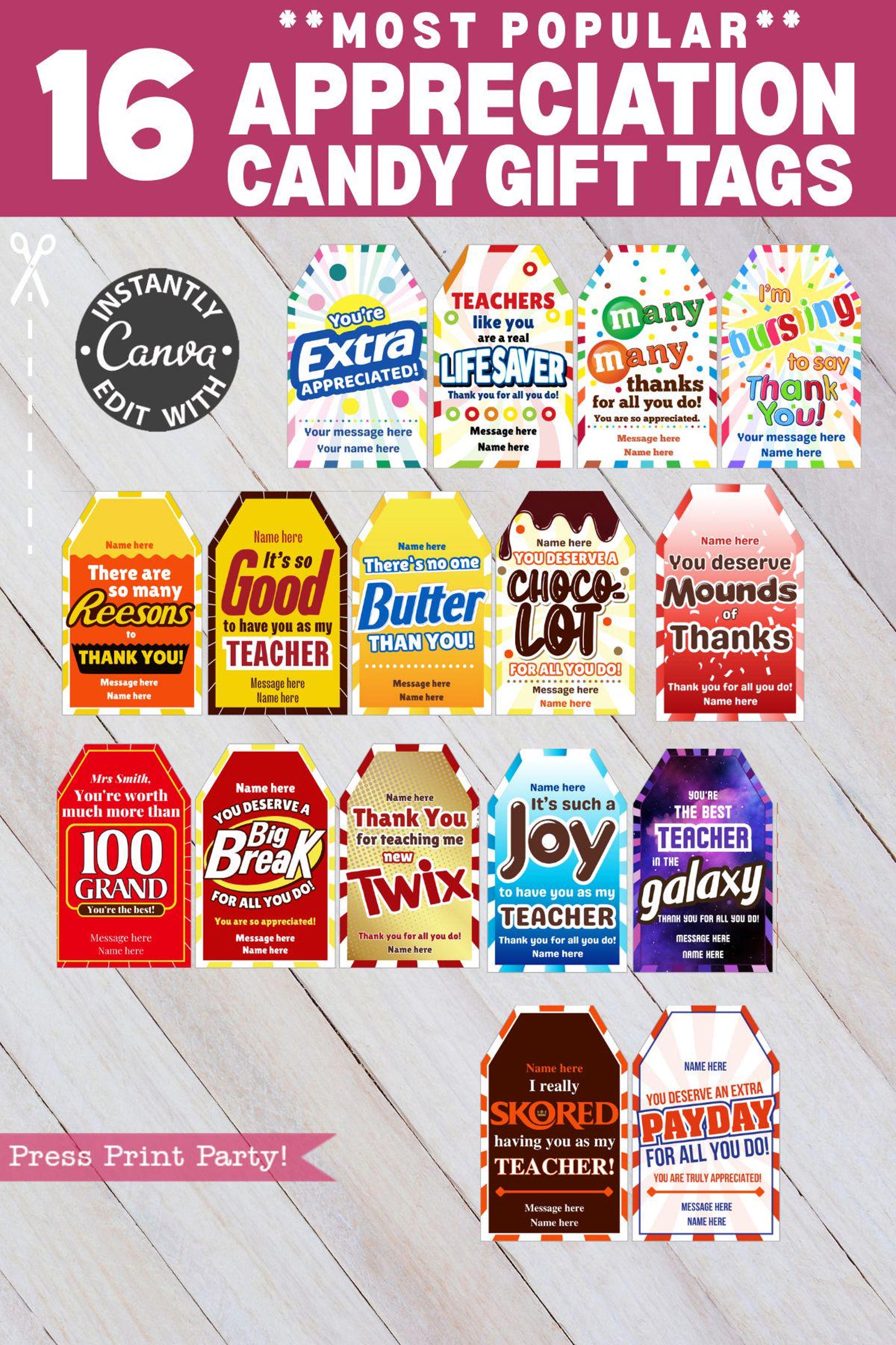 16 Candy Bar Employee Appreciation Gift Tags, Sweet Treat for Employee ...