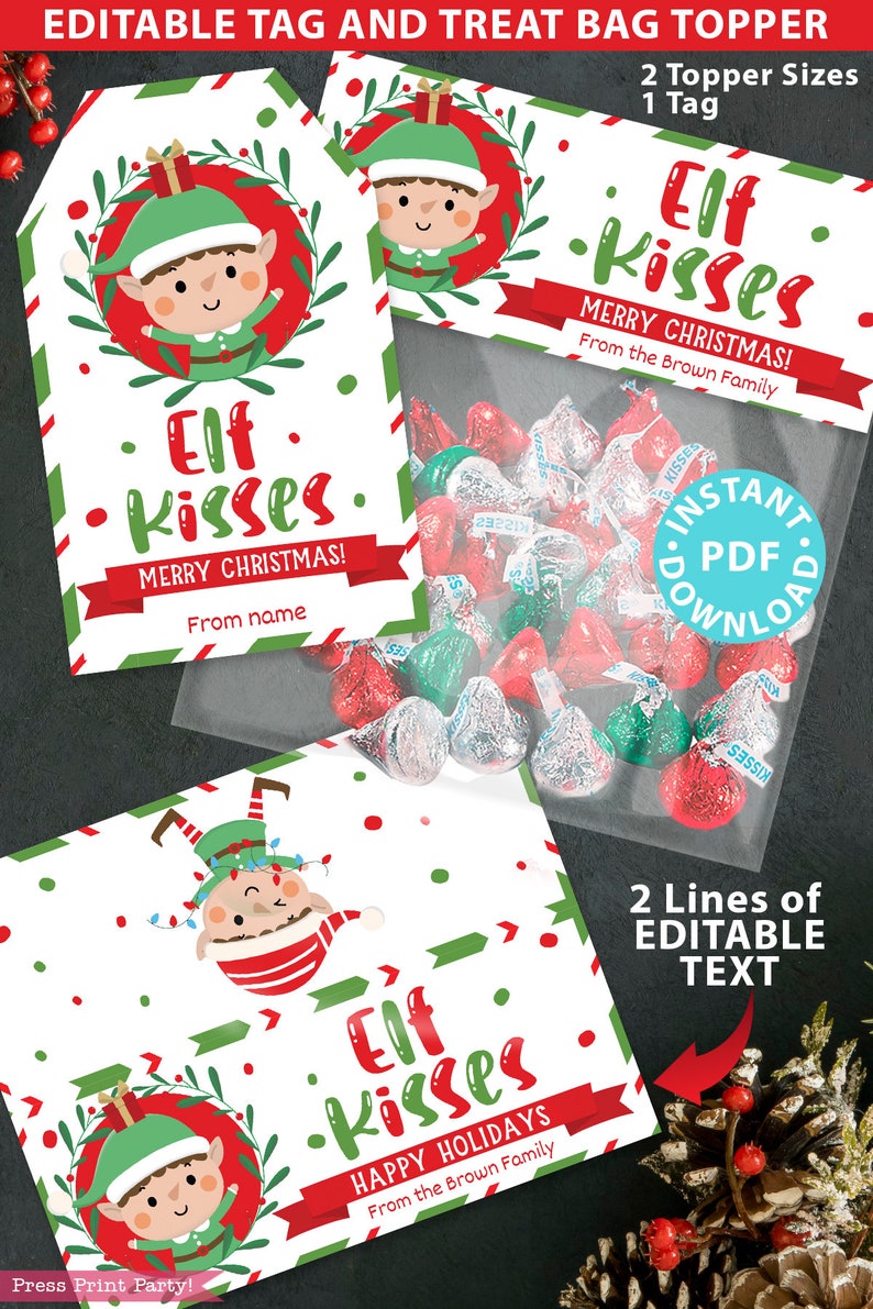 8 EDITABLE Christmas Treat Bag Toppers and Tags Set, Elf Kisses ...