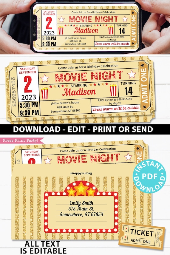 Movie Birthday Invitation Printable GOLD Glitter Ticket, Movie Ticket ...