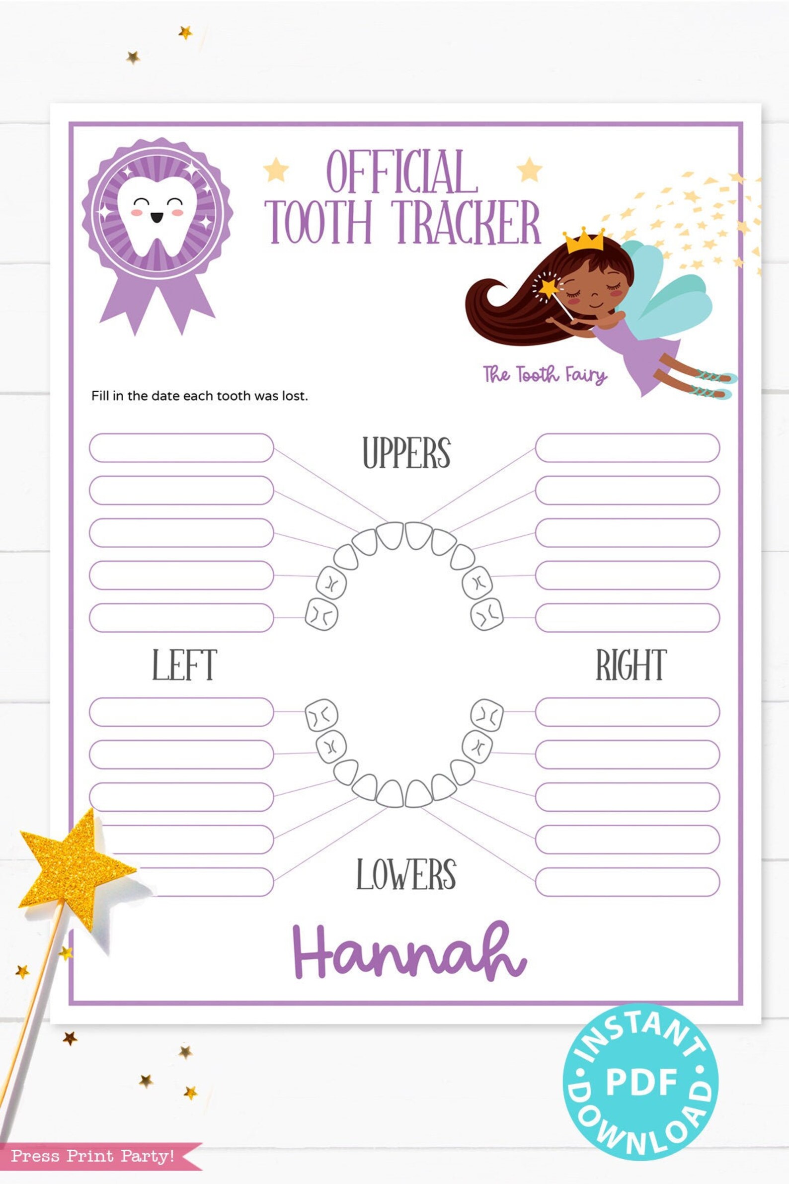 Baby Teeth Chart With the Tooth Fairy Printable, Purple Lost Tooth ...