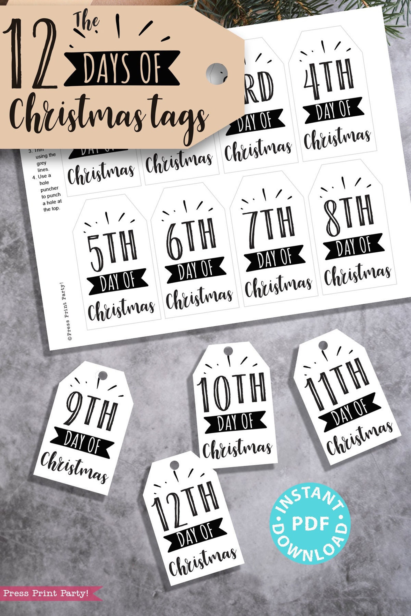 12 Days of Christmas Tags Printable, Rustic, Secret Santa Gift Tags, 12 ...