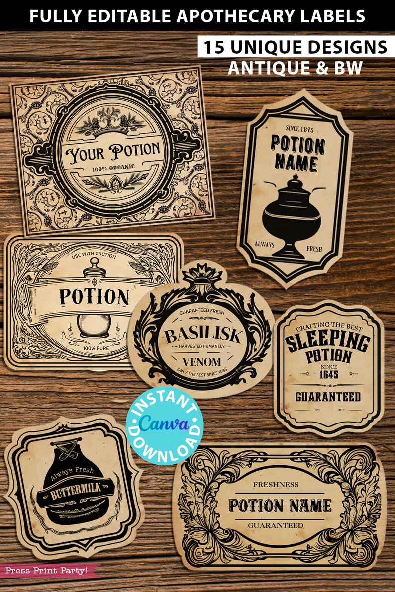 EDITABLE Potion Labels Printable Antique Apothecary Bottle Label White ...