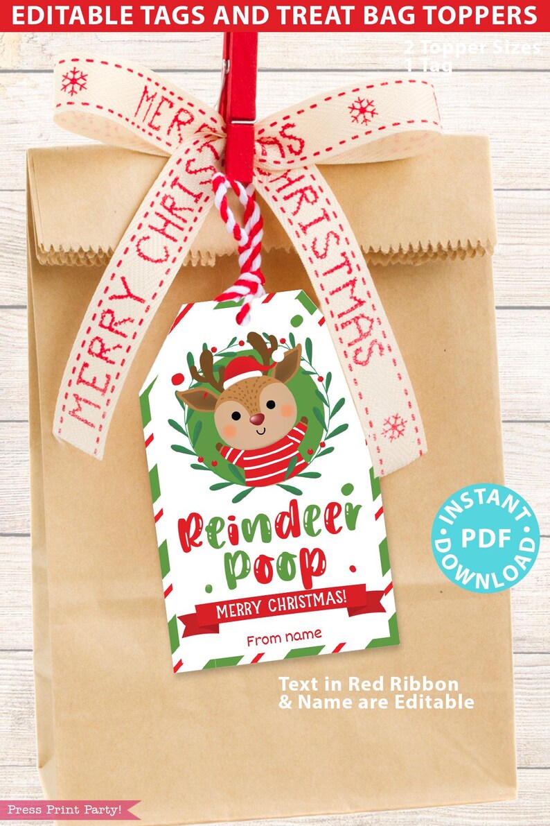 Reindeer Poop Christmas Treat Bag Topper & Tag Editable Classroom ...