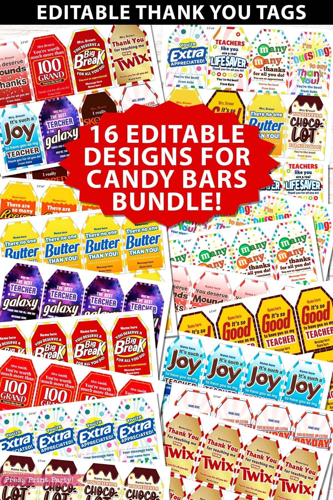 16 Candy Bar Thank You Gift Tags Bundle Editable Printable Teacher ...